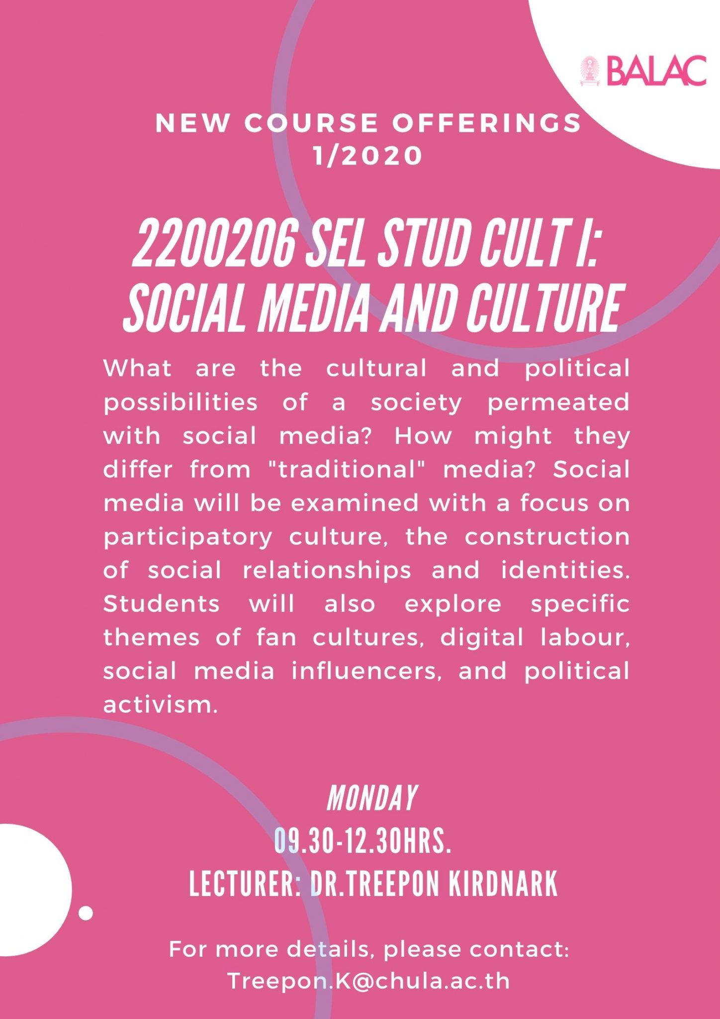 New Class Offerings in Semester 1/2020 – BALAC – Arts Chula