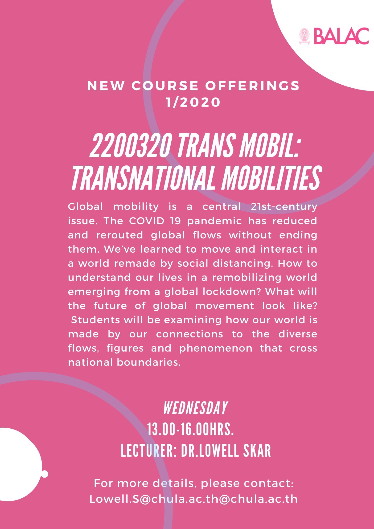 New Class Offerings in Semester 1/2020 – BALAC – Arts Chula